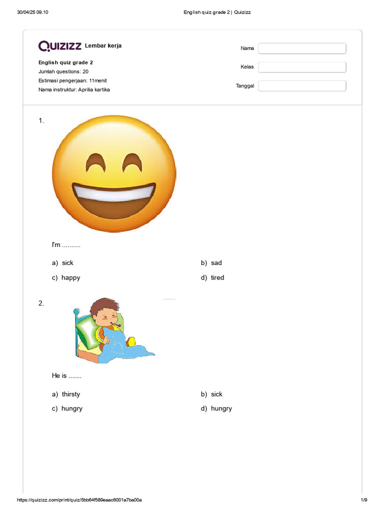 English Quiz Grade 2 - Quizizz | PDF | Human Anatomy | Senses