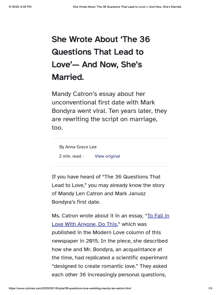 She Wrote About The 36 Questions That Lead To Love' - and Now, She's Married | PDF