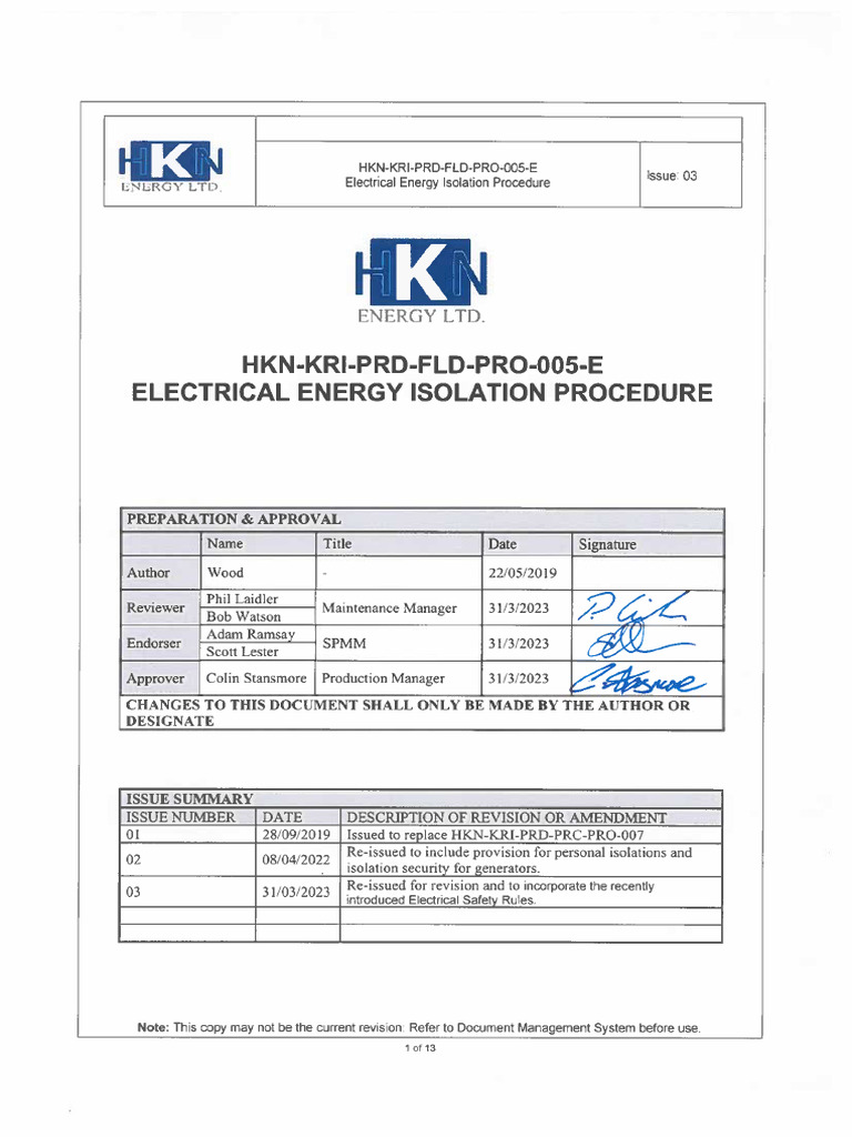 HKN-KRI-PRD-FLD-PRO-005-E Electrical Energy Isolation Procedure | PDF ...