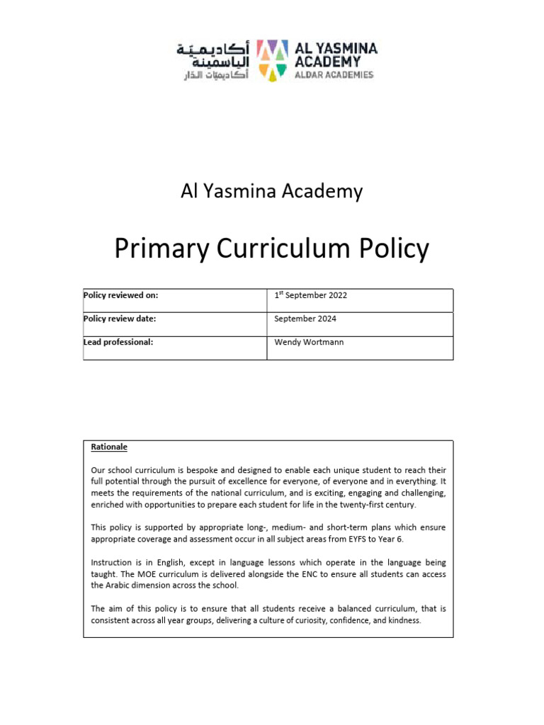 Primary Curriculum Policy 2022 2023 | PDF | Curriculum | Phonics