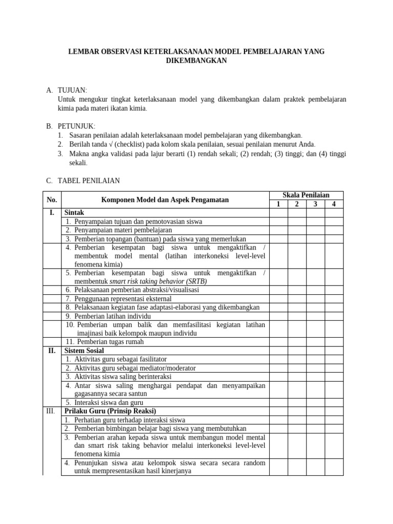 Lembar Observasi Keterlaksanaan Model Pembelajaran Yang Dikembangkan ...