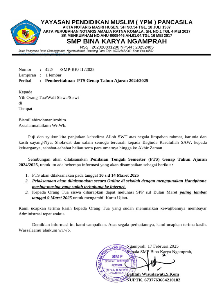 Surat Pemberitahuan PTS Genap 2025 | PDF