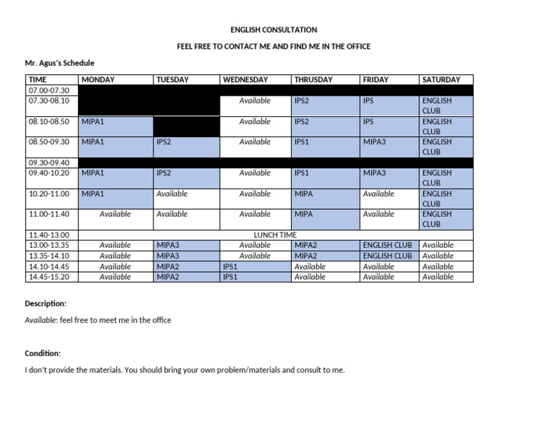 English Consultation Schedule | PDF