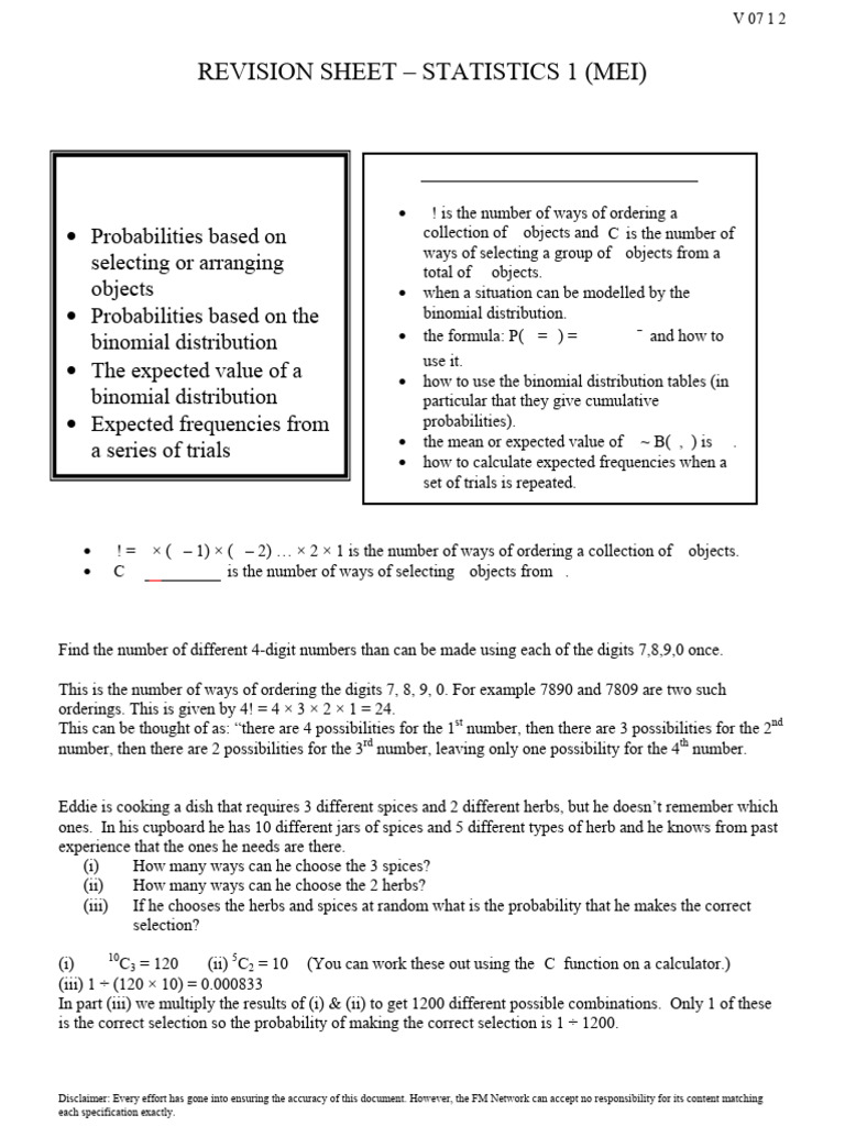 OCR MEI S1 Revision Sheets | PDF | Statistical Significance | Hypothesis