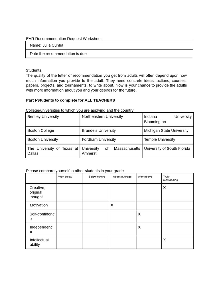 EAR Recommendation Request Guide | PDF | Teachers | Learning