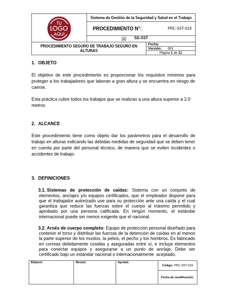 PRC-SST-019 Procedimiento Seguro de Trabajo en Alturas | PDF