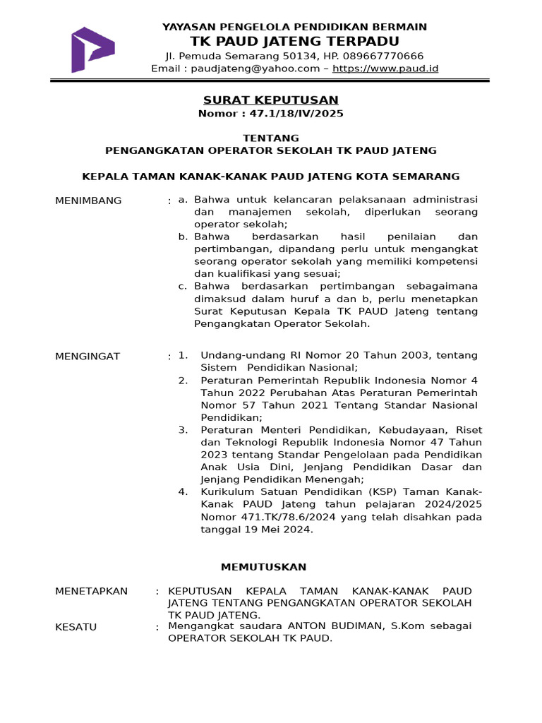 SK Tugas Operator PAUD Jateng | PDF