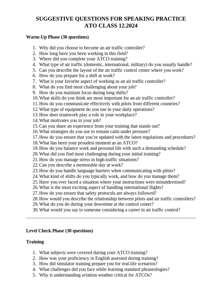 Suggestive Questions For Speaking Practice Ato Class | PDF | Air ...