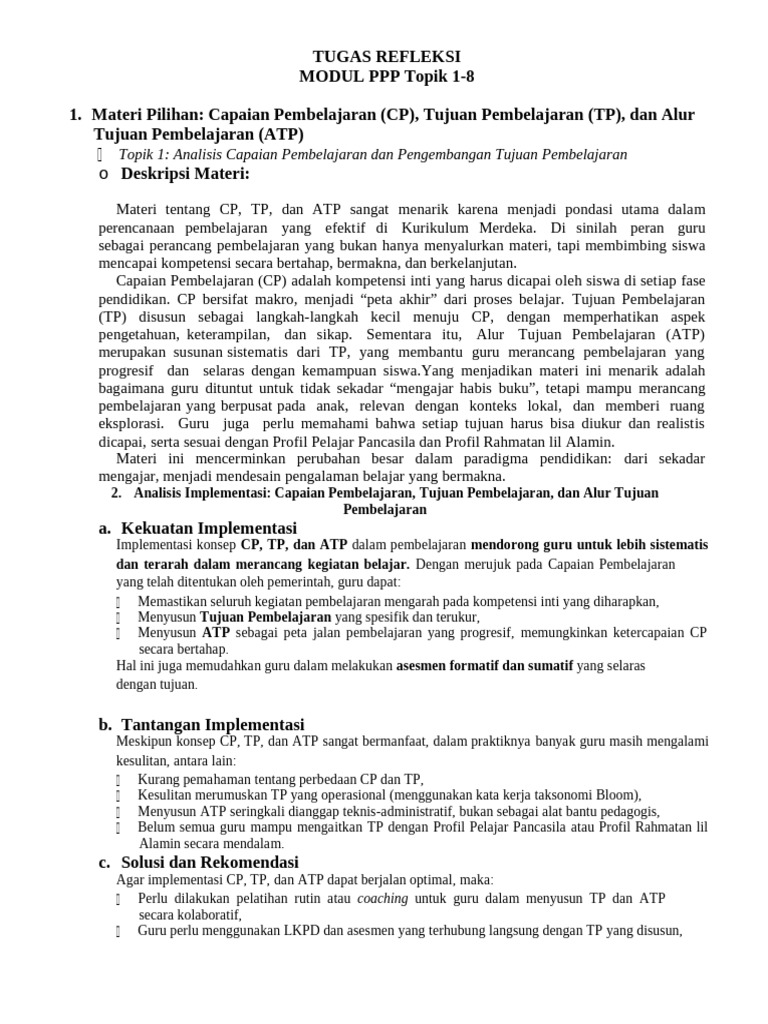 Tugas Refleksi Modul PPP Topik 1-8 | PDF