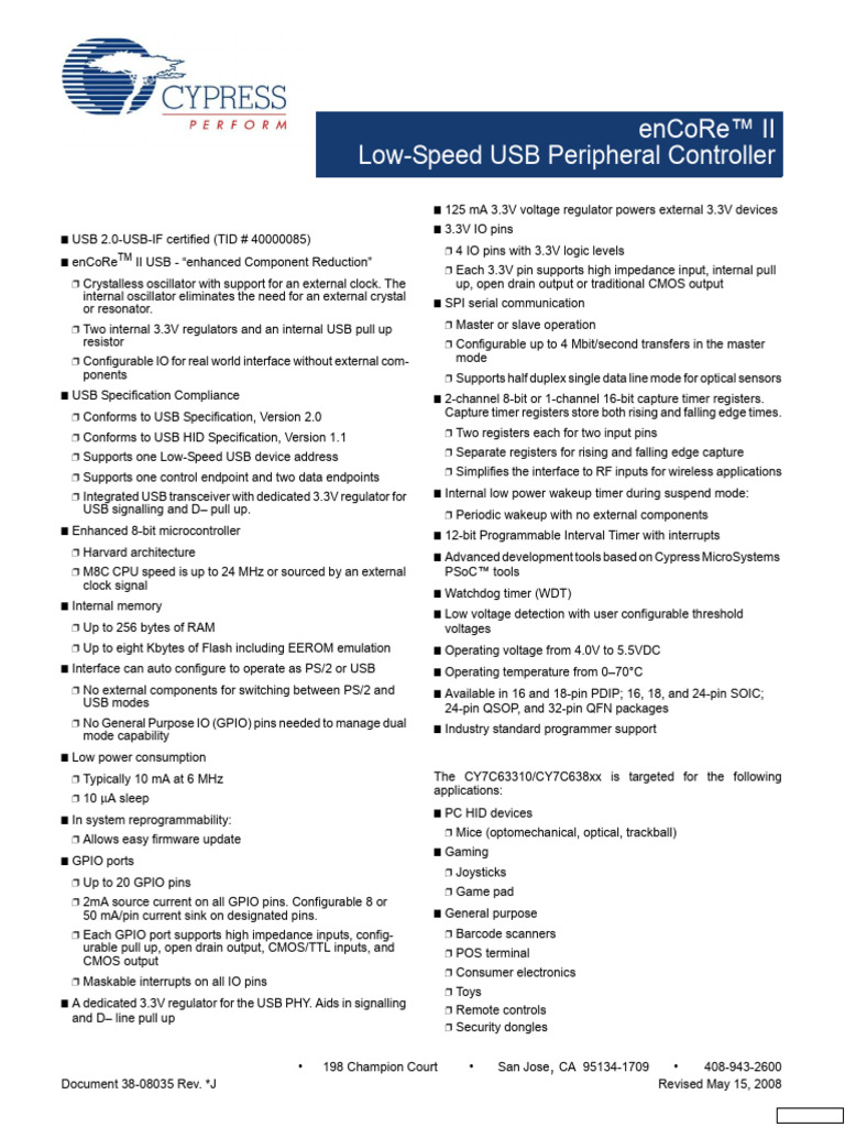 CY7C63310-Low_Speed_USB_Peripheral_Controller | PDF | Microcontroller | Usb