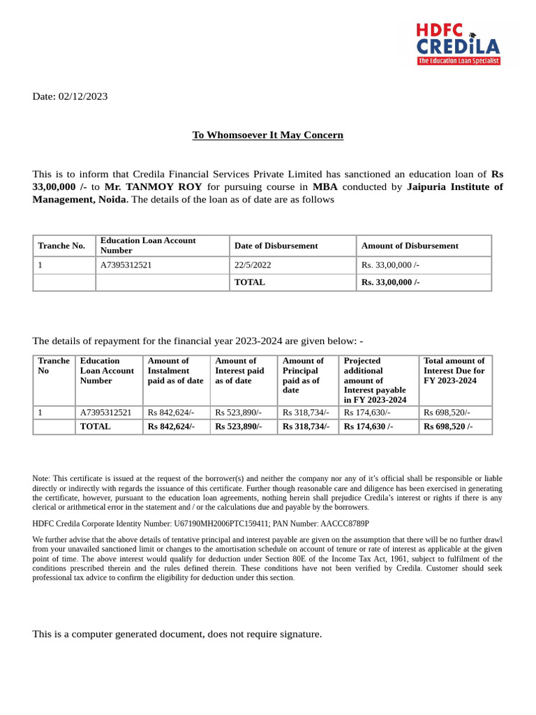 HDFC Credila - Education Loan Interest Cert. | PDF | Loans | Student Loan