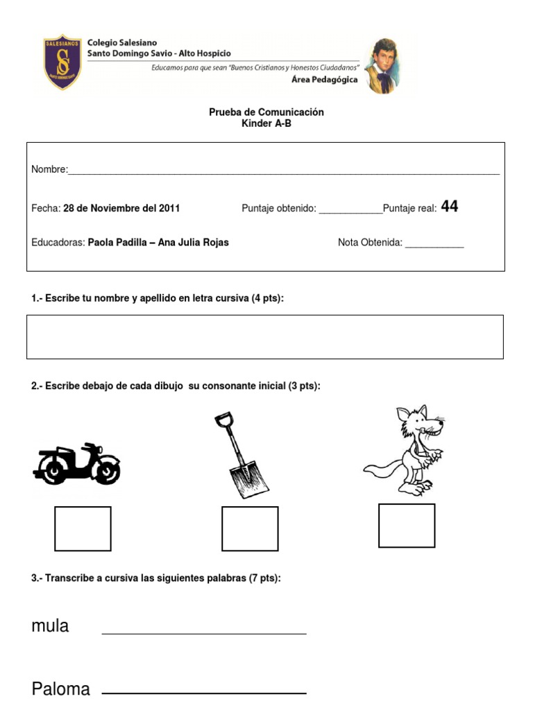 Prueba de Comunicación Kinder A-B | PDF | Artes del Lenguaje y Comunicación