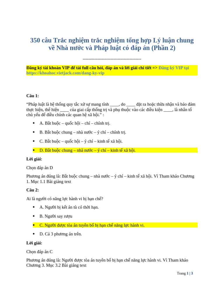 350 Cau Trac Nghiem Trac Nghiem Tong Hop Ly Luan Chung Ve Nha Nuoc Va ...
