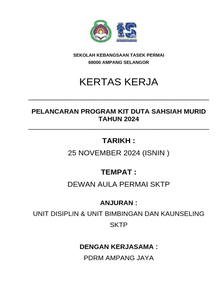 KERTAS KERJA DUTA SAHSIAH 2024 | PDF
