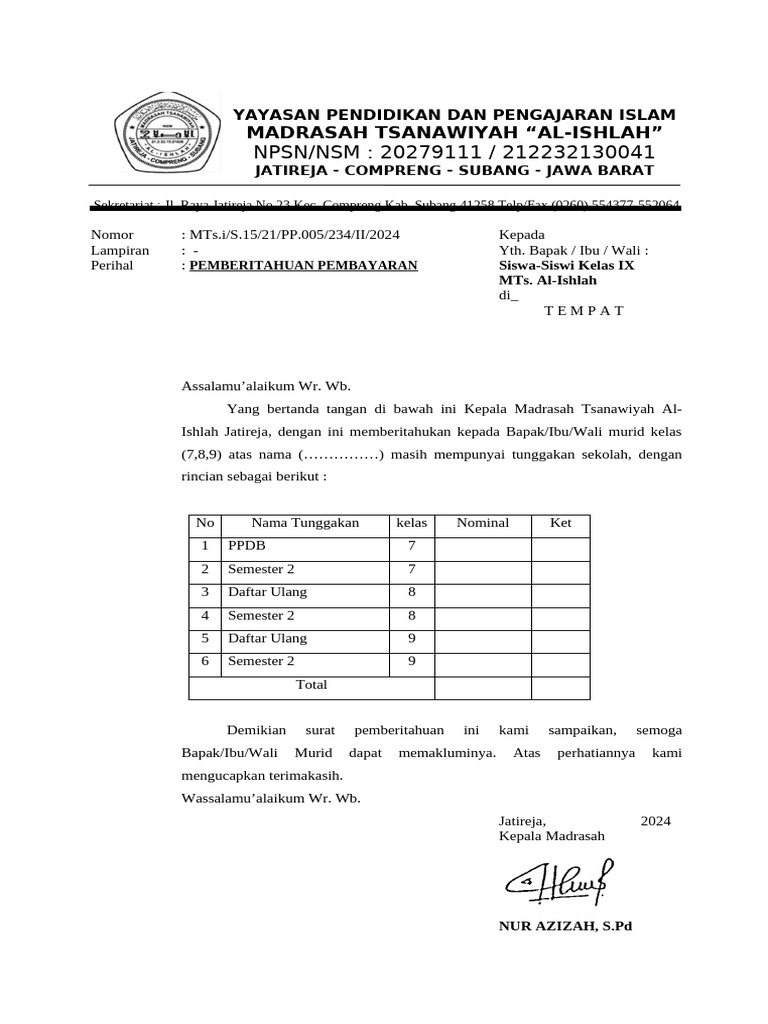 Surat Tagihan Tunggakan Siswa | PDF