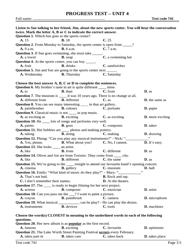 Unit 4 Progress Test Questions | PDF | Performing Arts | Entertainment