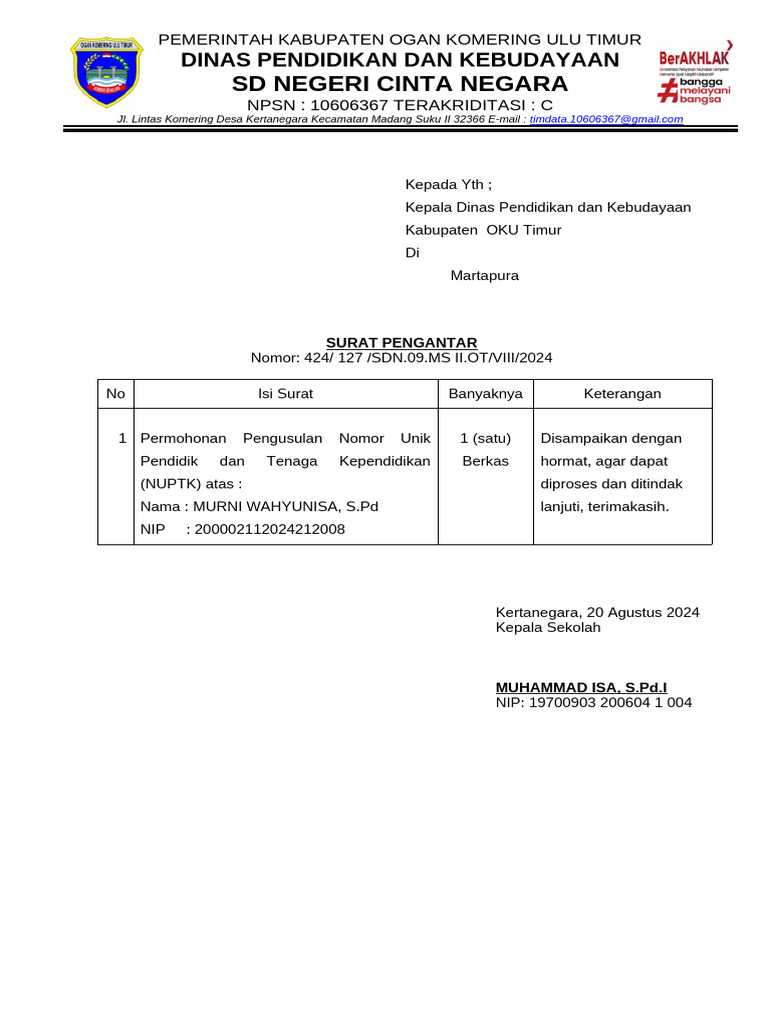 Surat Pengantar Pengajuan NUPTK | PDF