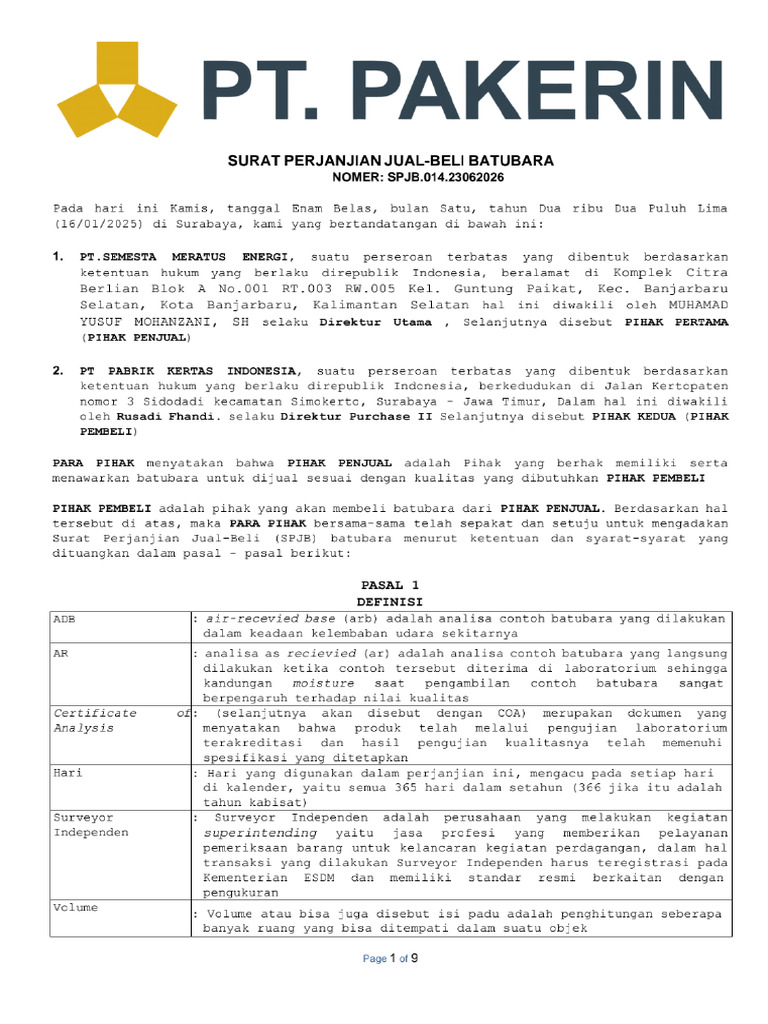 Draft Kontrak Pt. Pakerin | PDF