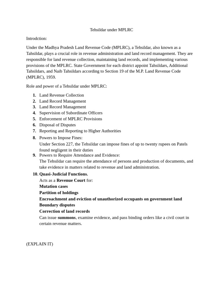 Tehsildar Under MPLRC | PDF