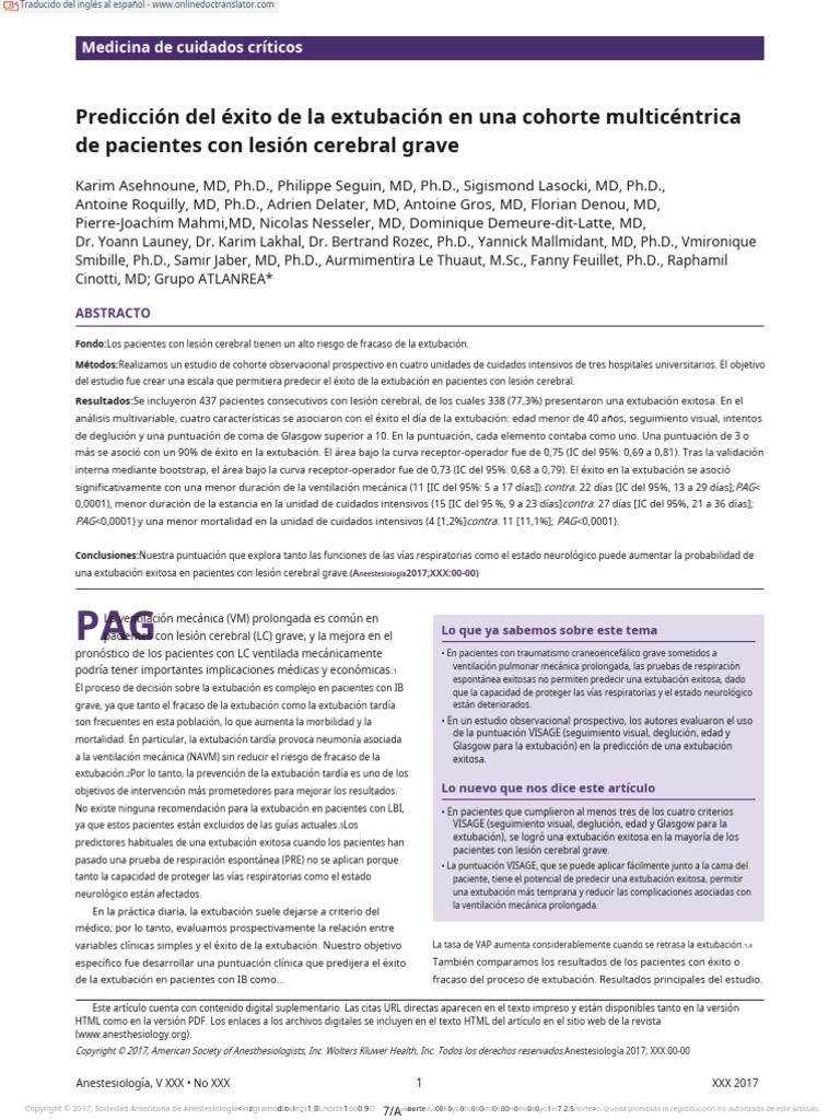 Escala VISAGE para extubación exitosa | PDF | Medicina de Cuidados ...