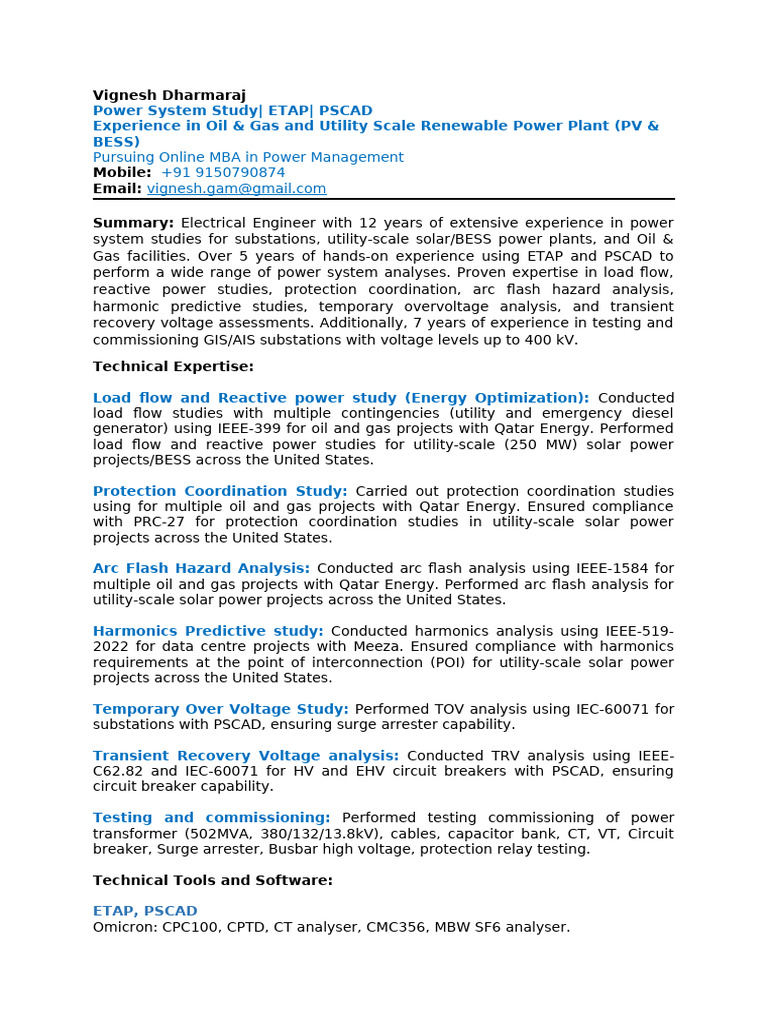 CV-Vignesh Dharmaraj-Electrical Engineer | PDF | Solar Power | High Voltage
