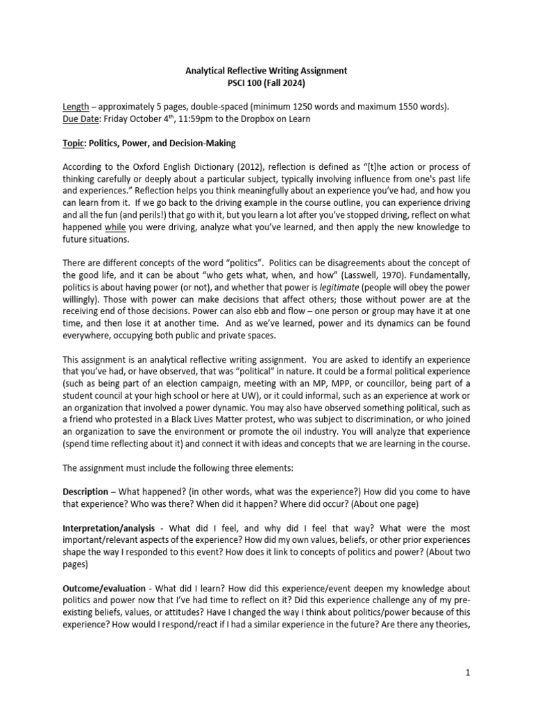 Analytical Reflective Writing Assignment F24 1 | PDF | Experience ...