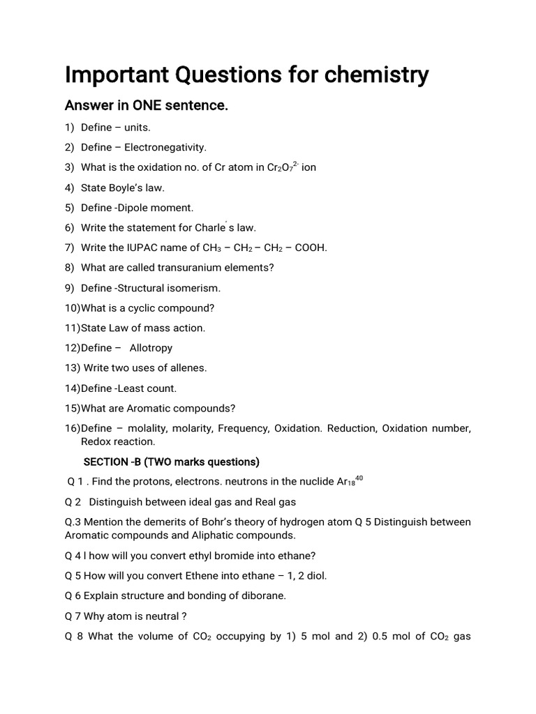 Class 11 Chemistry Important Questions | PDF | Chemical Bond | Chemical ...