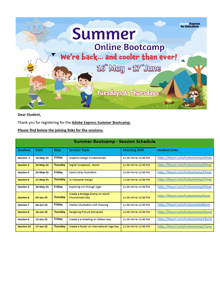 Adobe Express Summer Bootcamp Schedule | PDF