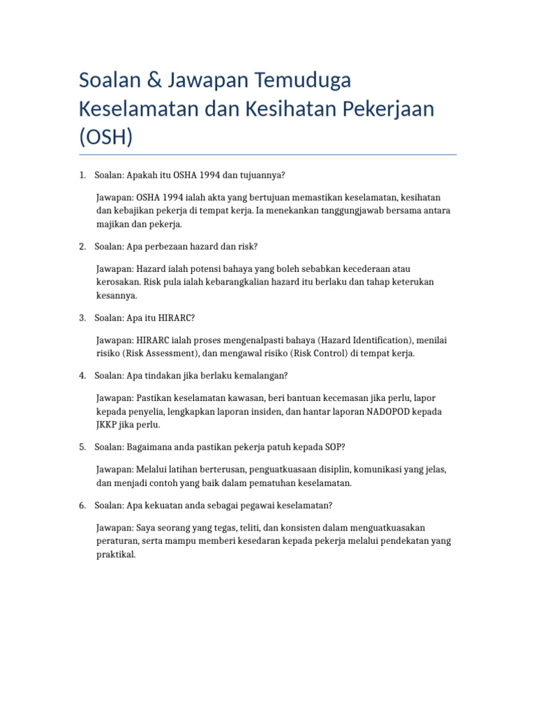 Soalan Temuduga Keselamatan OSH | PDF