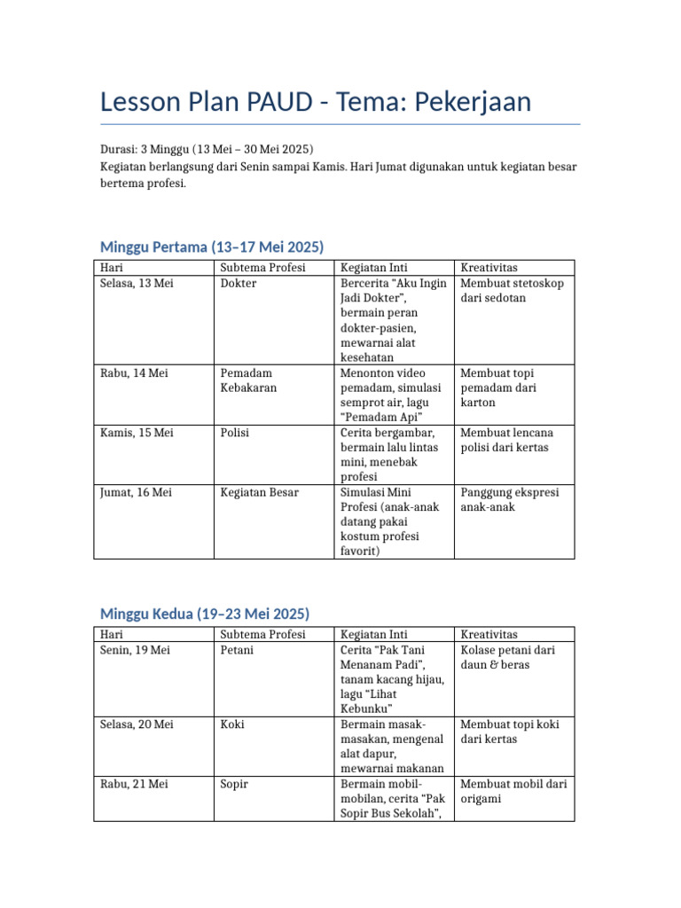 Lesson Plan PAUD Tema Pekerjaan | PDF
