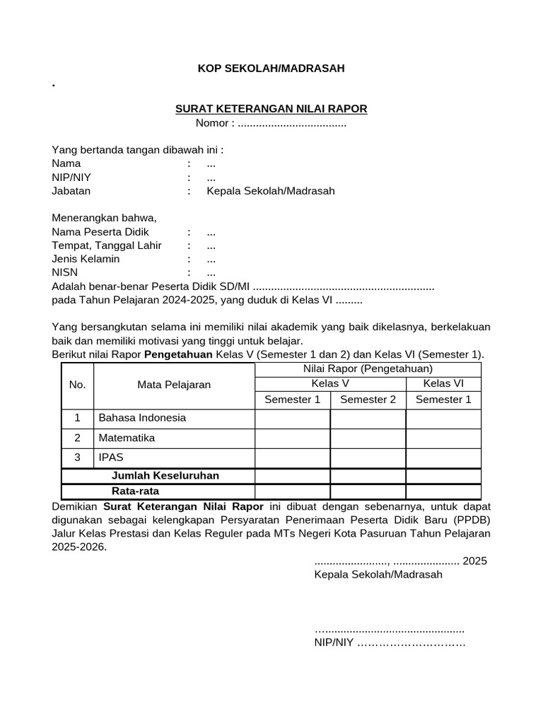 Contoh Surat Keterangan Nilai Rapor SD-MI | PDF