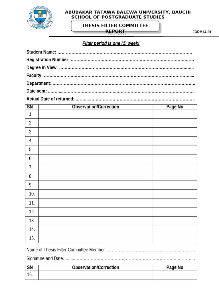 Thesis Filter Committee Report Form | PDF