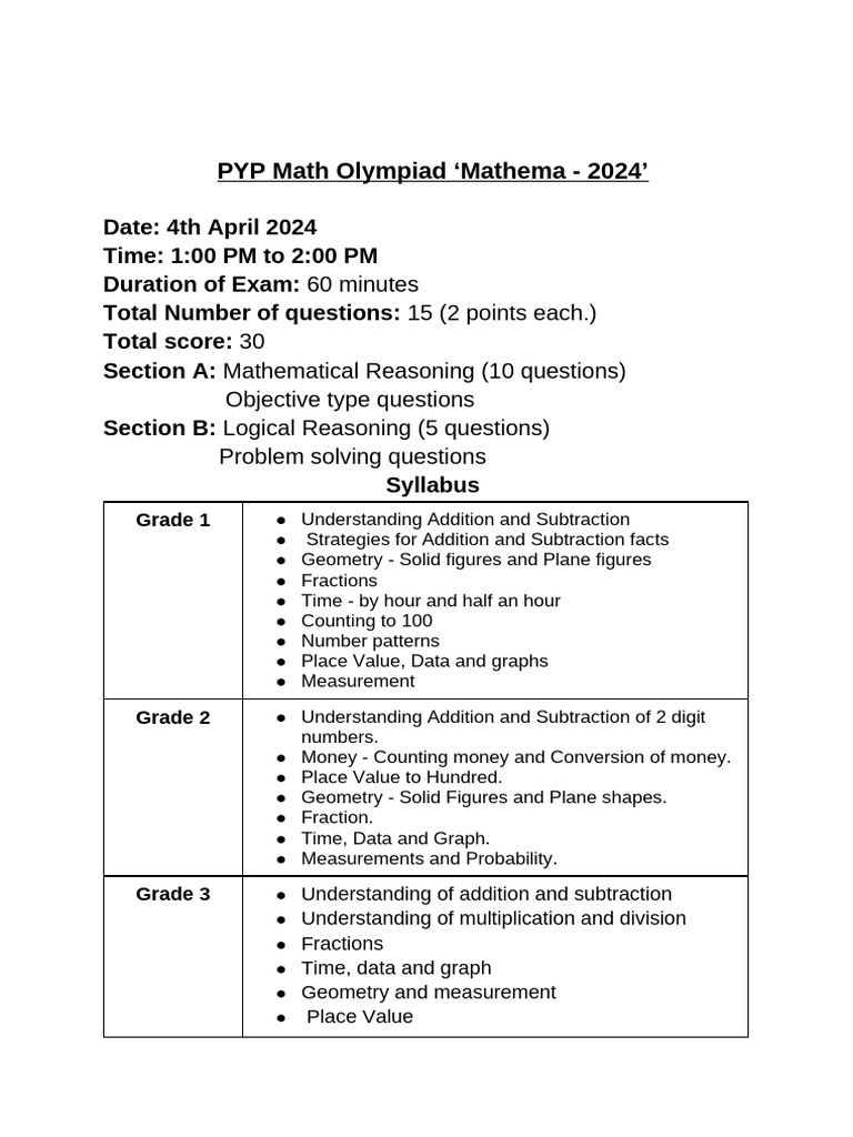PYP Math Olympiad ‘Mathema - 2023’ | PDF | Shape | Numbers