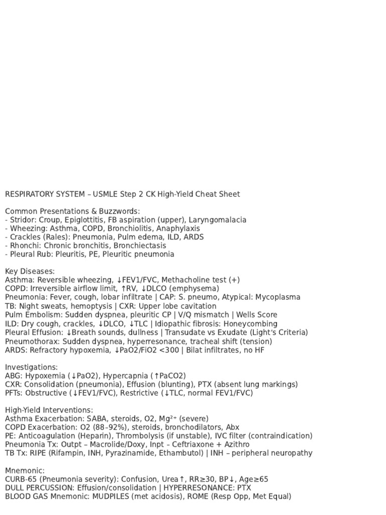 Respiratory Cheat Sheet USMLE | PDF