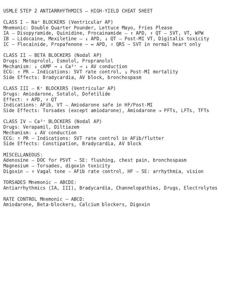 USMLE Antiarrhythmics Cheat Sheet | PDF