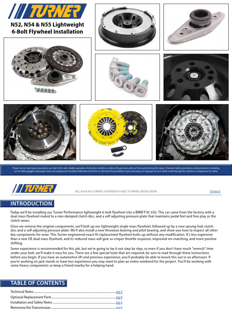 PDF 26647 BMW N52, N54 & N55 Turner Lightweight 6-Bolt Flywheel Installation | PDF | Clutch | Screw