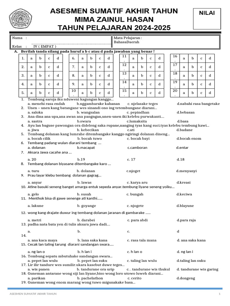 Format Soal ASAT 2024-2025 Kelas 4 Bahasa Jawa | PDF