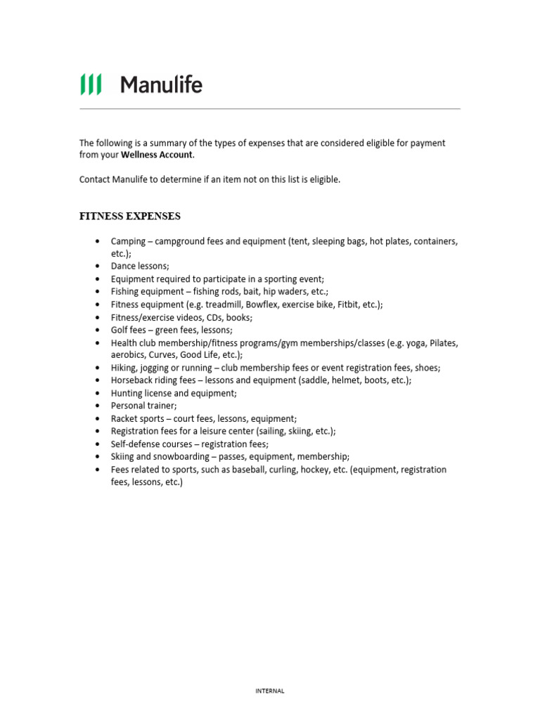 Manulife Wellness Account List of Expenses | PDF