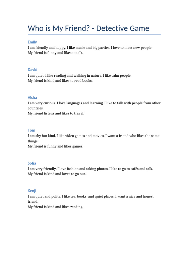 Who Is My Friend Detective Game Cards | PDF
