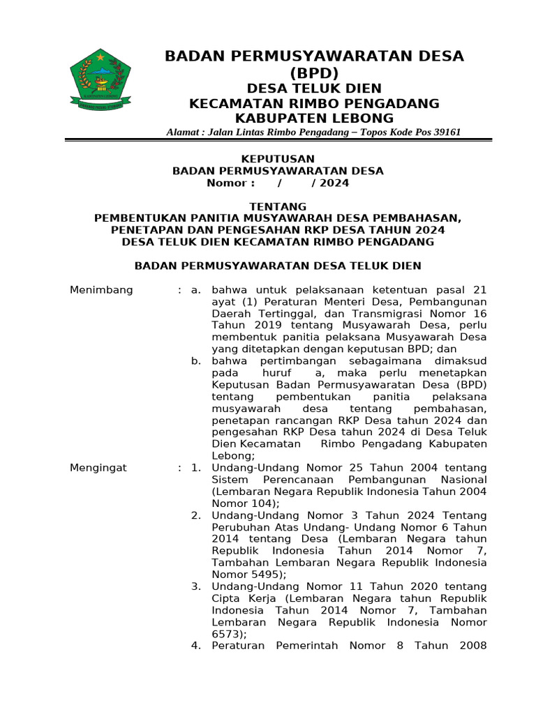 16 Edit - Form Keputusan BPD Tentang Panitia Musdes Pembahasan, Penetapan Dan Pengesahan RKP ...