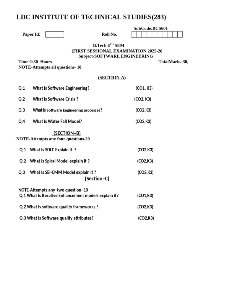 Software Engineering Exam Paper 2025-26 | PDF