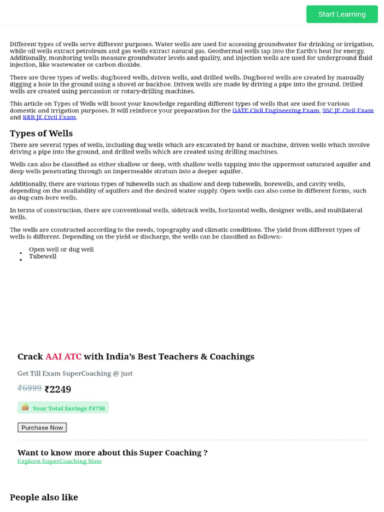 Types of Wells - Learn About Open Well, Tubewell and Their Types | PDF