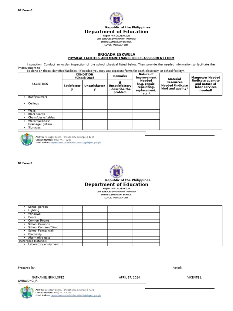 BE Form 1 PHYSICAL FACILITIES AND MAINTENANCE NEEDS ASSESSMENT FORM | PDF