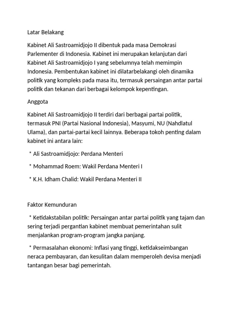 Latar Belakang Kabinet Ali Sastroamidjojo II | PDF