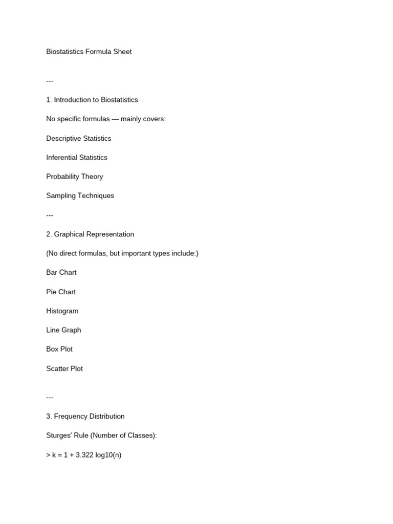 Biostatistics Formula Sheet | PDF