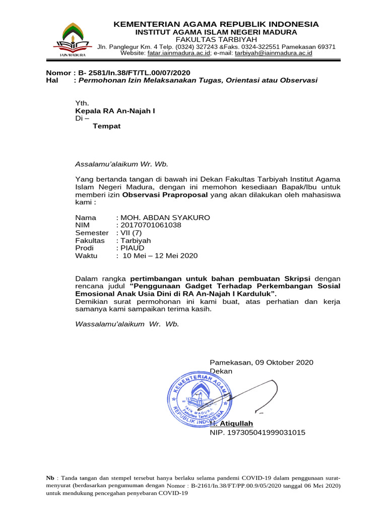 SURAT - OBSERVASI - PRA - PROPOSAL Moh. Abdan Syakuro | PDF