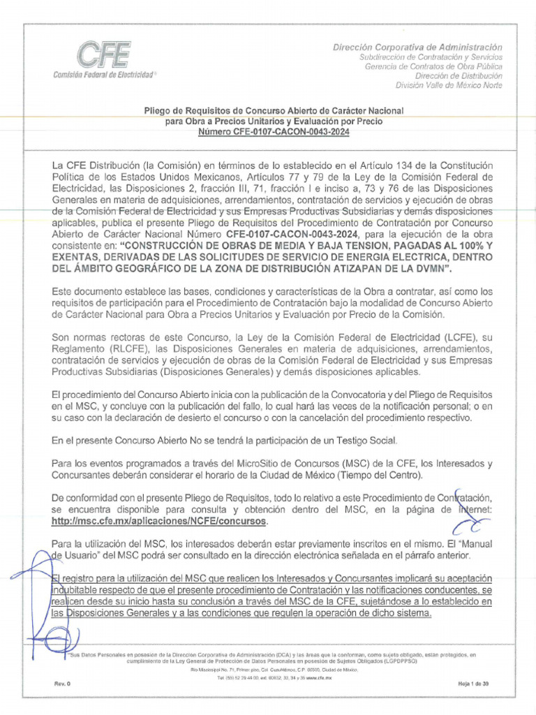 Pliego de Requisitos CFE 0107 CACON 0043 2024. OBRAS AL 100 Atizapan | PDF
