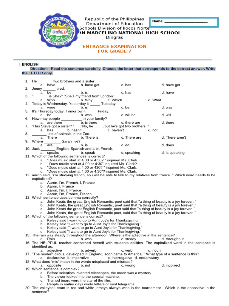 Entrance Exam For g7 | PDF | Waves | Sound