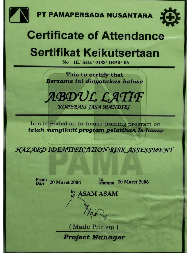 Sertifikat Training Dari PAMA 2 | PDF