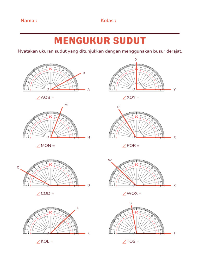 Mengukur Sudut Lembar Kerja Pengukuran Matematika Merah Hitam Putih ...